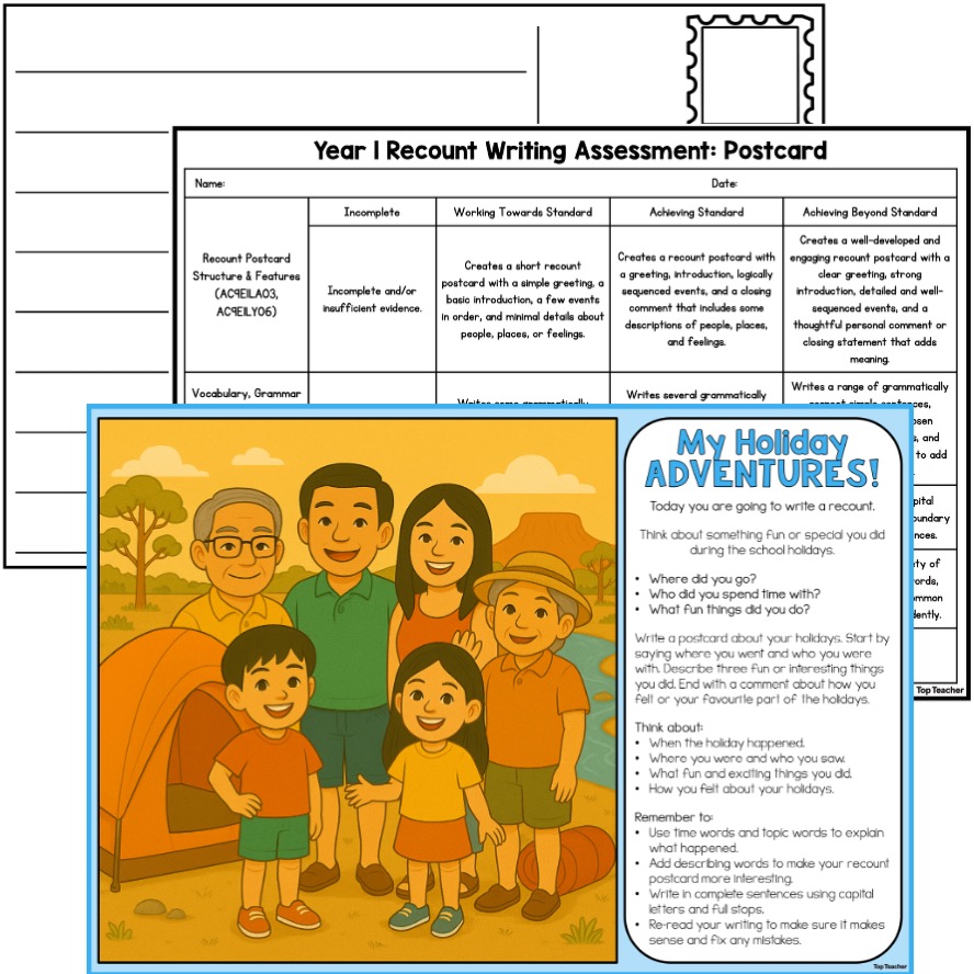 Year 1 Recount Writing Assessment: Postcard - Top Teacher