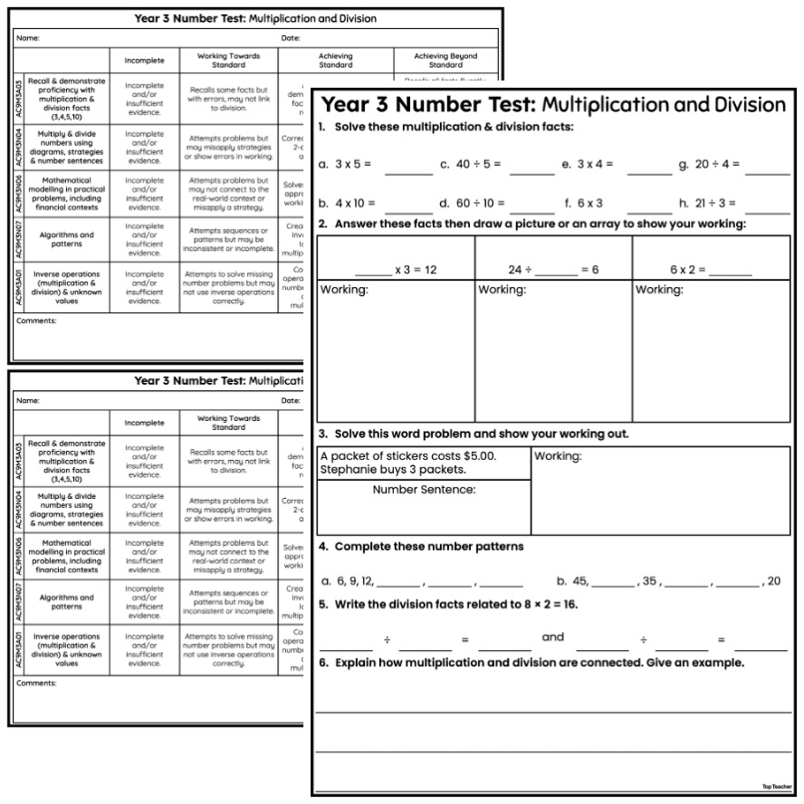 Year 3 Multiplication and Division Assessment - Top Teacher