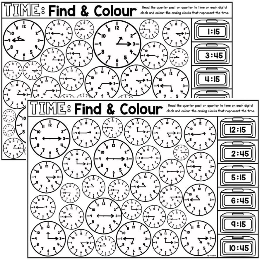 Time Find & Colour Worksheets: Quarter Past & Quarter To - Top Teacher