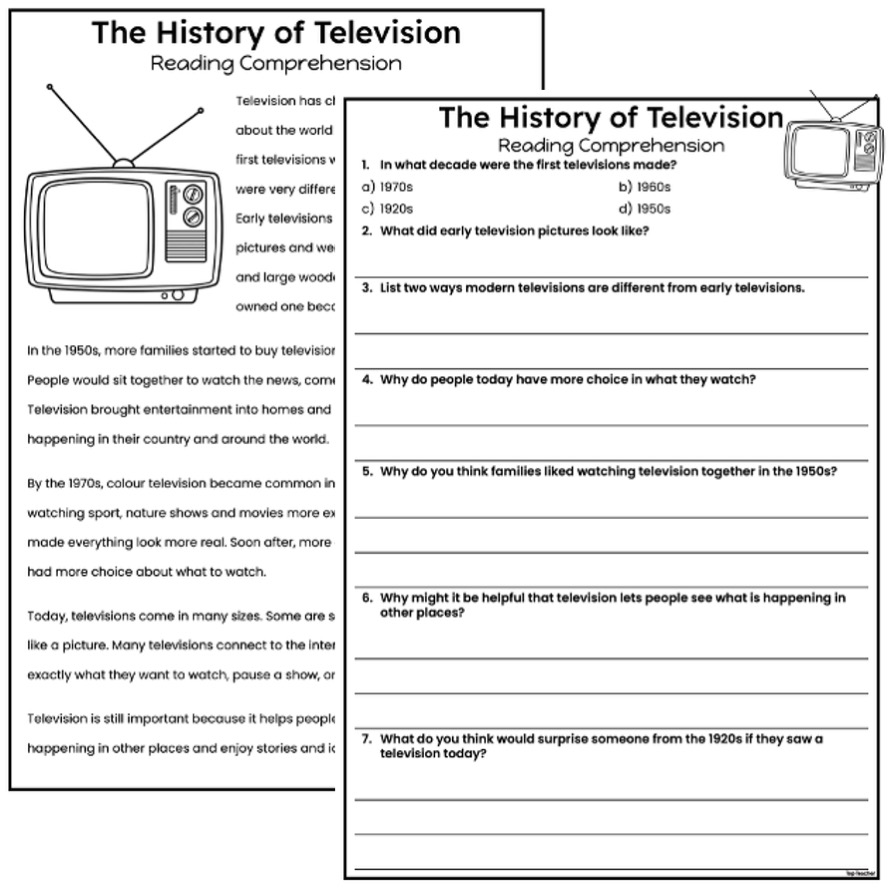 The History of Television Comprehension Worksheet - Top Teacher