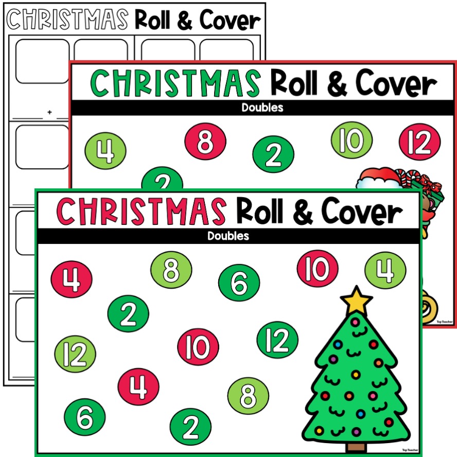 Christmas Roll & Cover Game: Doubles - Top Teacher