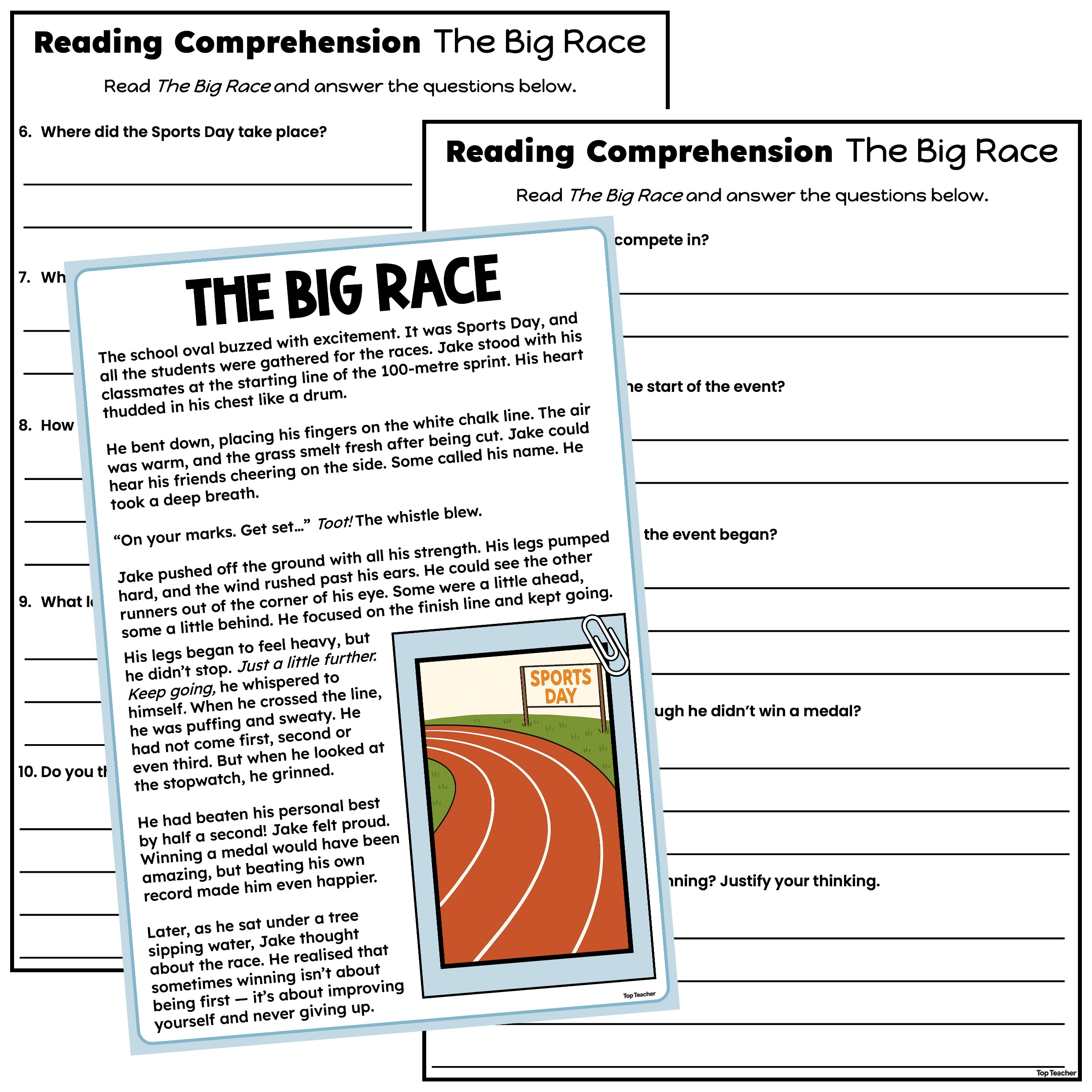 Reading Comprehension Worksheets: The Big Race - Top Teacher