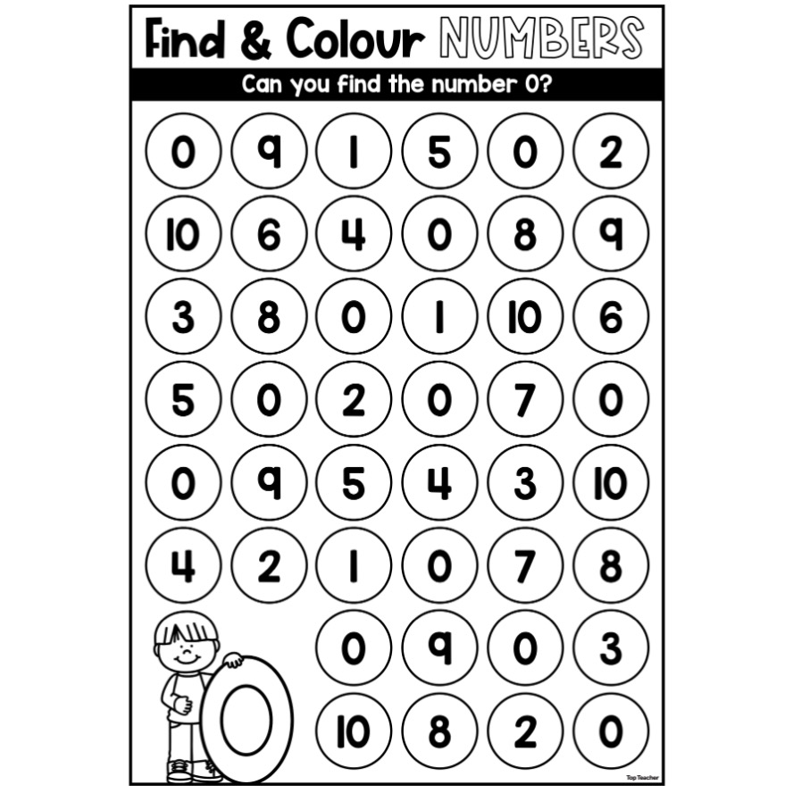 Find & Colour Number 0 Worksheet - Top Teacher
