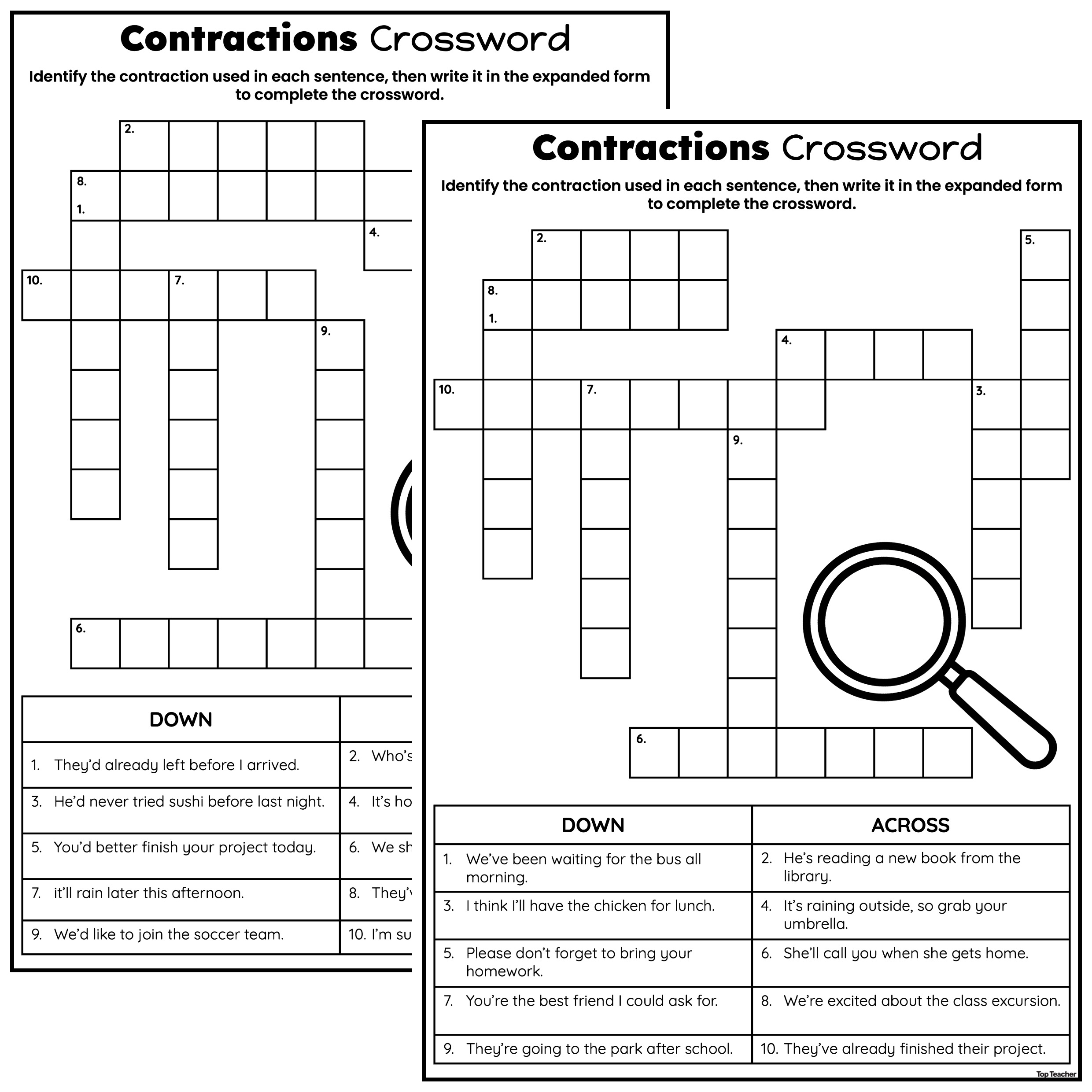 Contractions Crossword Activity Worksheet - Top Teacher