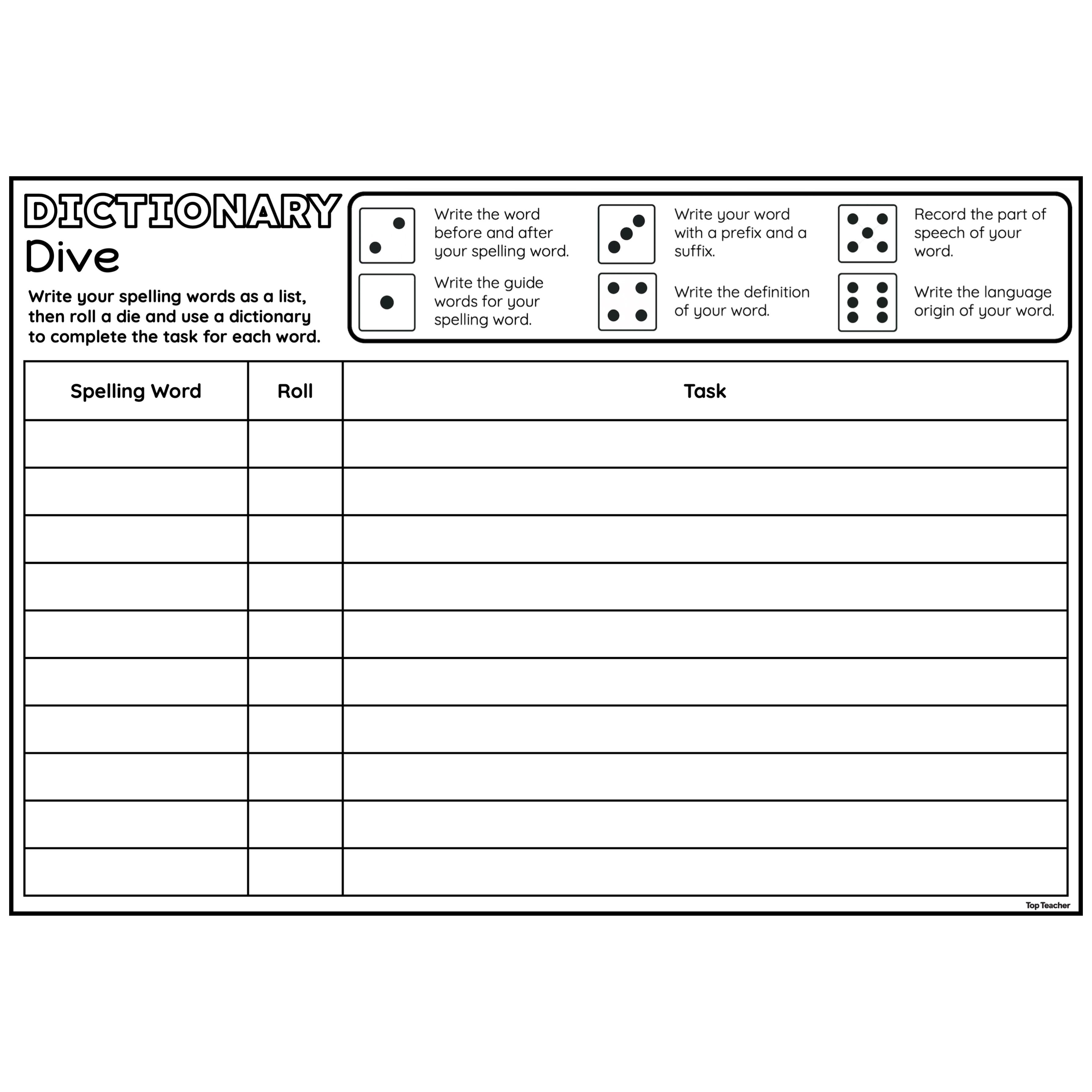 Dictionary Dive: Spelling Template - Top Teacher