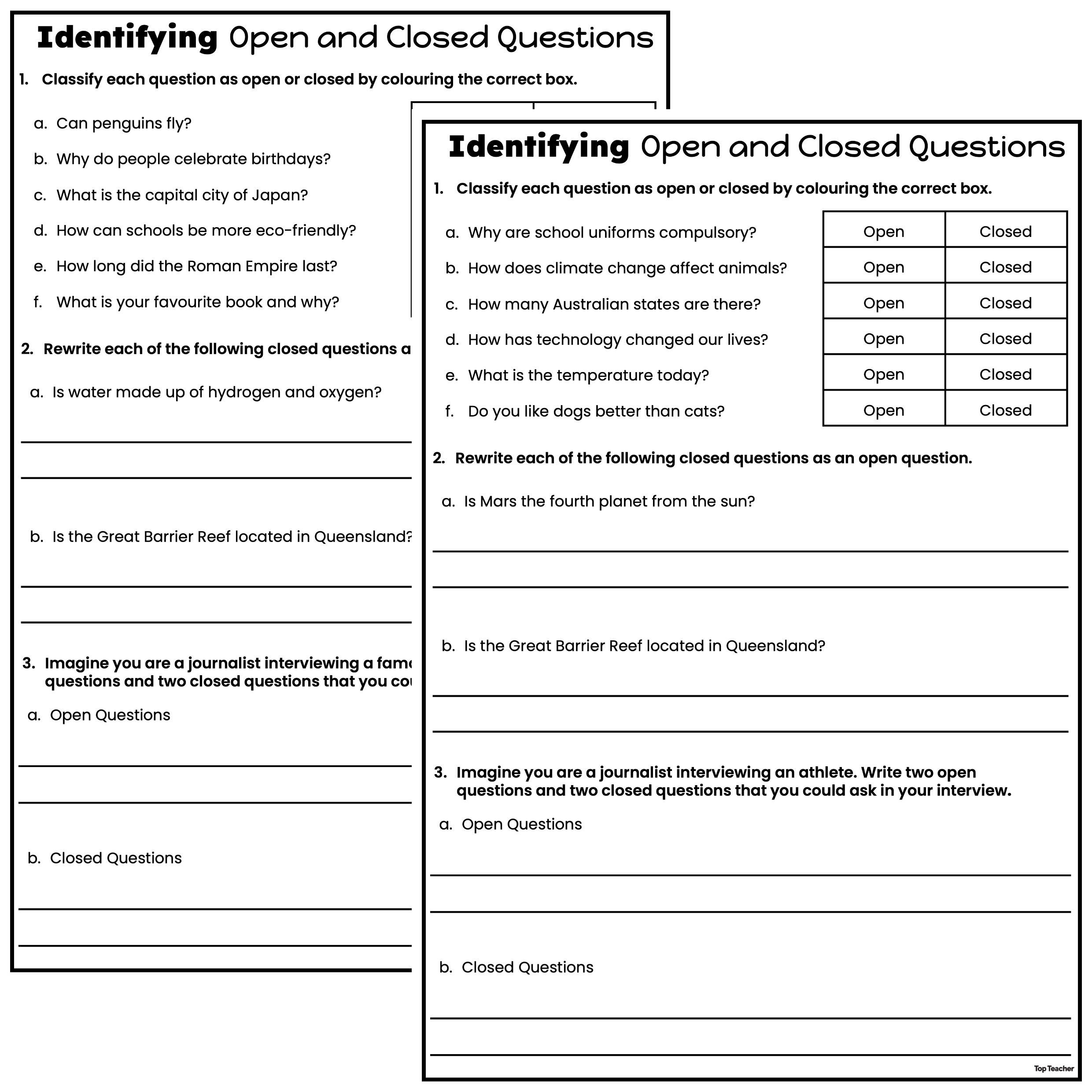 Identifying Open and Closed Questions Worksheets - Top Teacher