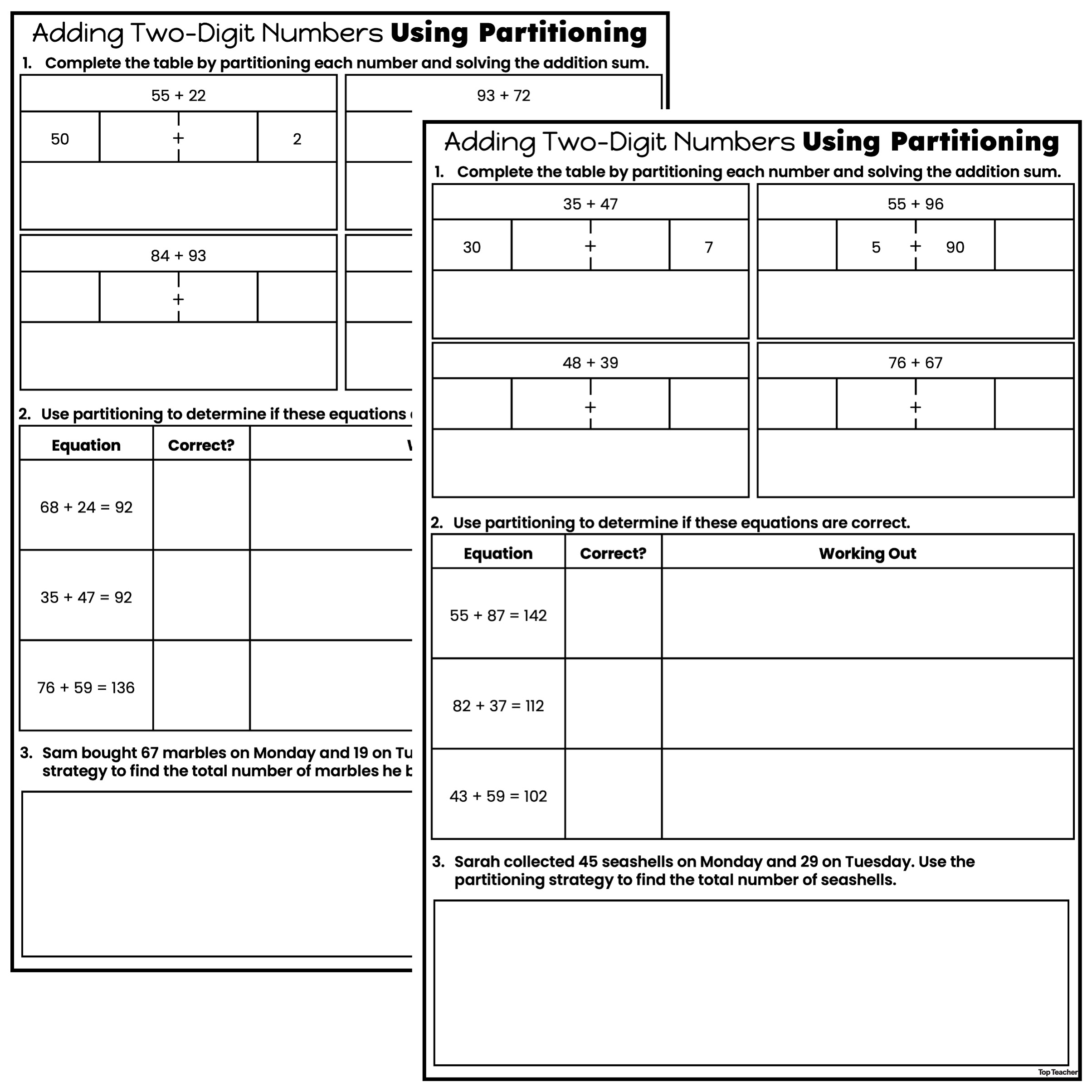 Adding Two-Digit Numbers Using Partitioning Worksheet - Top Teacher