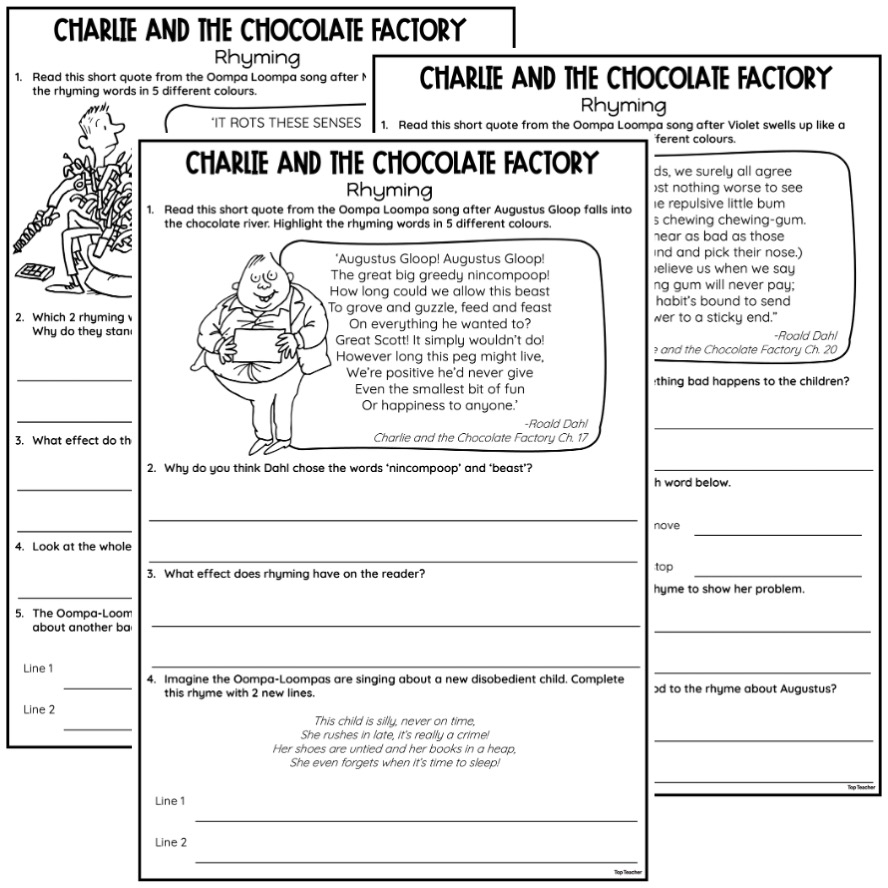 Charlie and the Chocolate Factory Rhyming Worksheets - Top Teacher