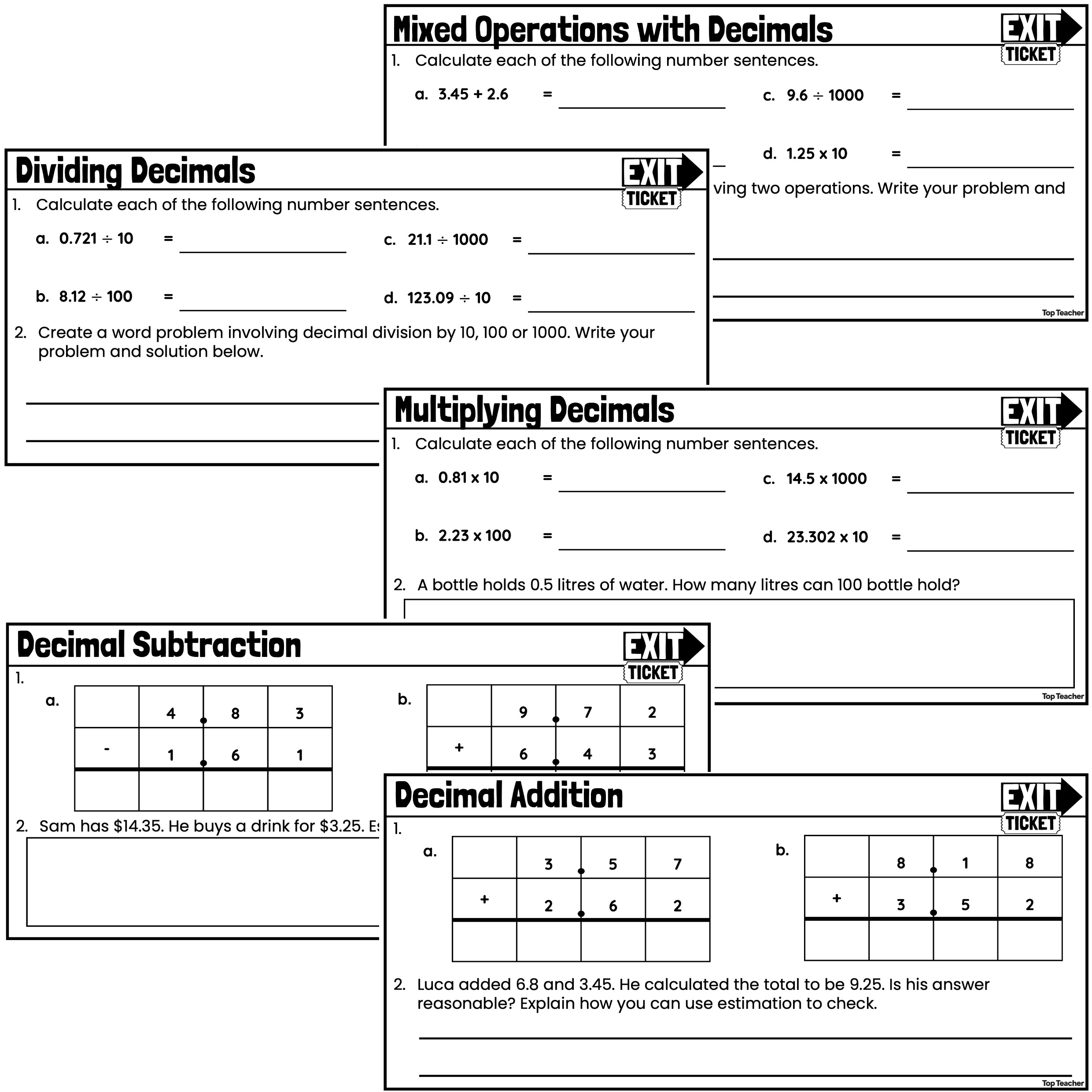 Working with Decimals Exit Ticket Package - Top Teacher