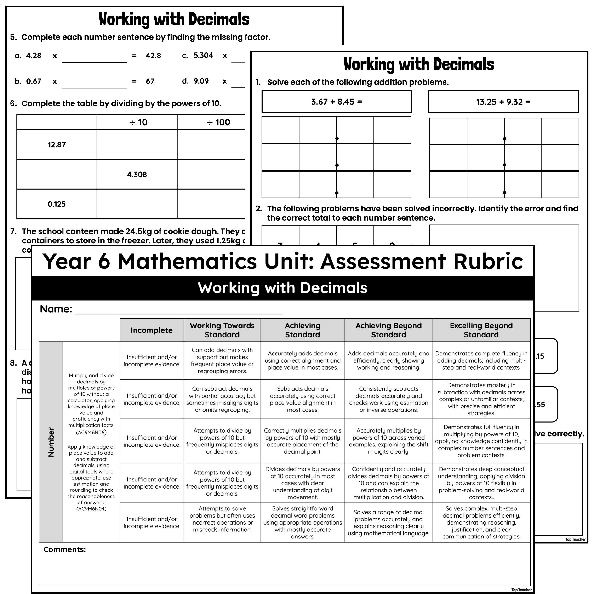 Working with Decimals Assessment Task and Rubric - Top Teacher