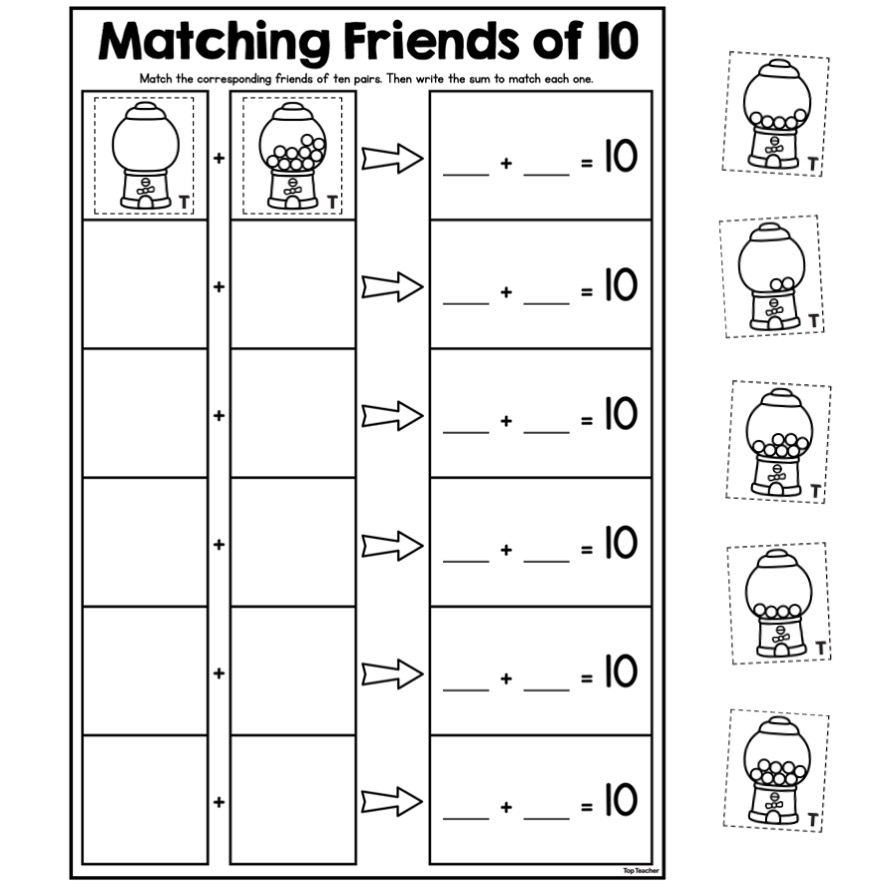 Friends of 10 Gumballs Cut & Paste Worksheets - Top Teacher