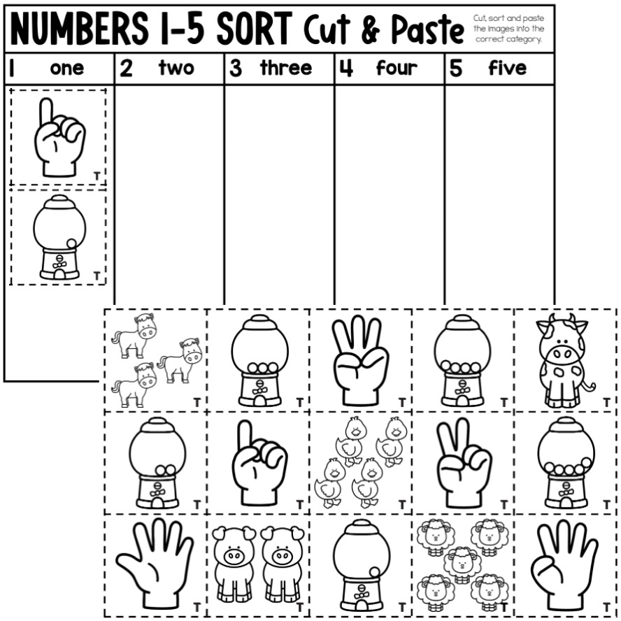 Numbers 1-5 Sort Cut & Paste Worksheet - Top Teacher