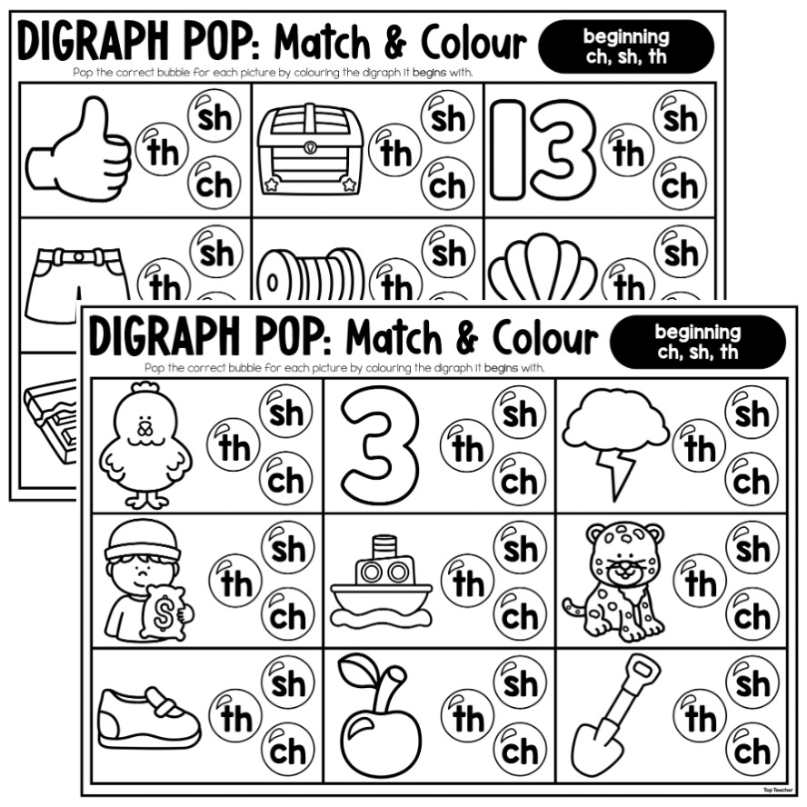 Digraph Pop Worksheet: Beginning ch, sh, th - Top Teacher