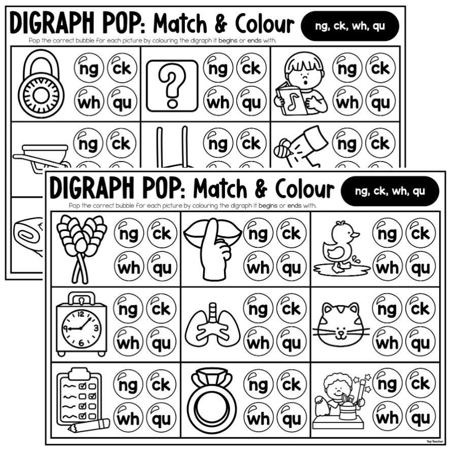 Digraph Pop Worksheet: ng, ck, wh, qu - Top Teacher