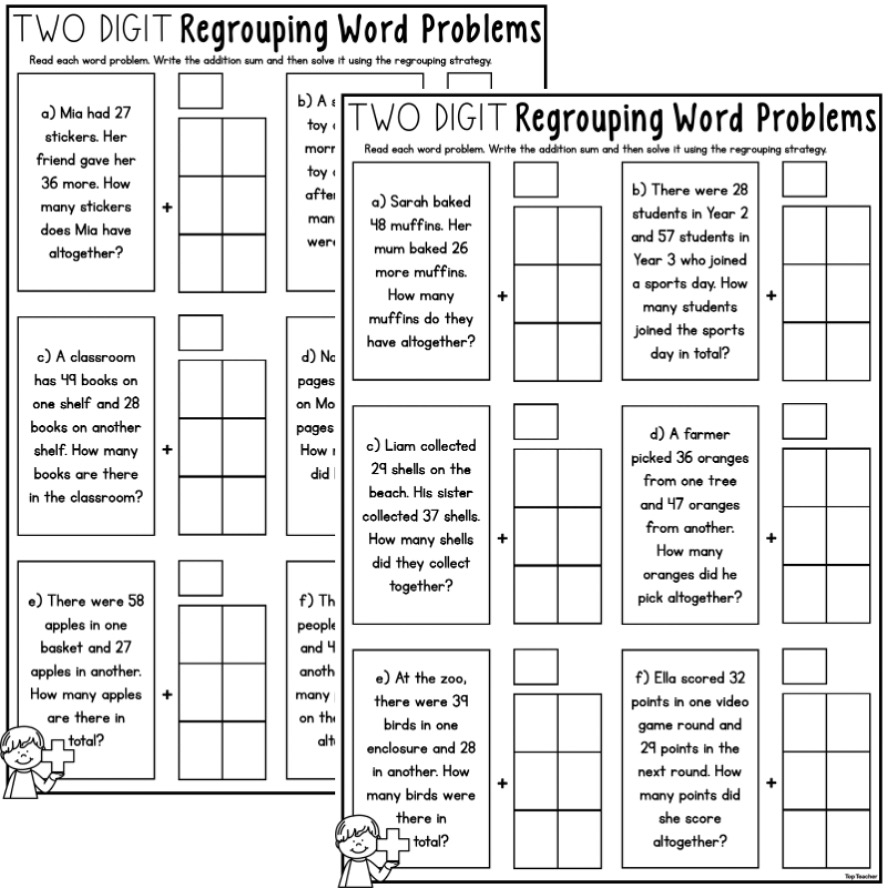 Addition Worksheets: Two-Digit Word Problems with Regrouping - Top Teacher