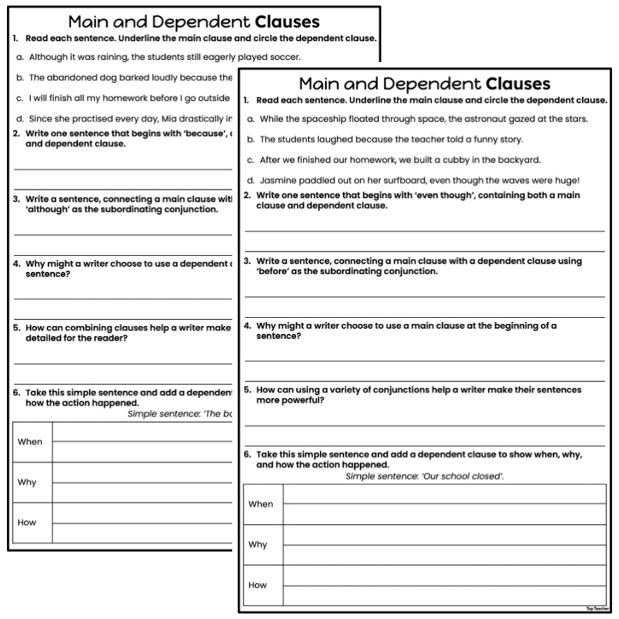 Main and Dependent Clauses Worksheets - Top Teacher