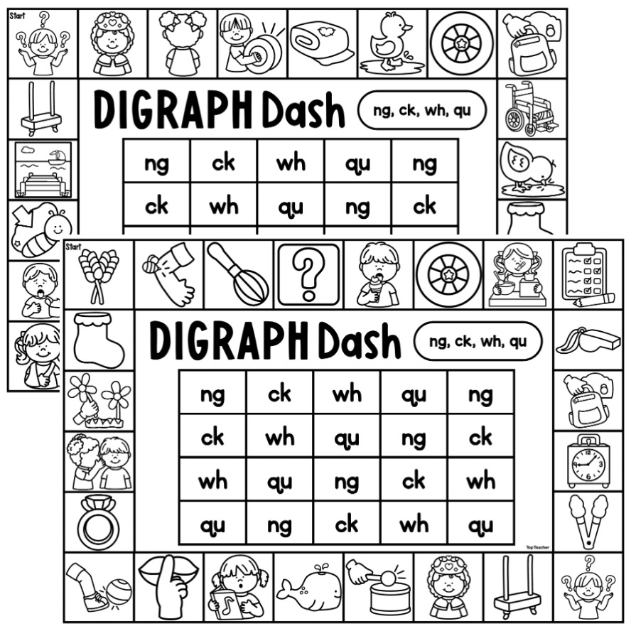 Digraph Dash Game: ng, ck, wh, qu (Black & White) - Top Teacher