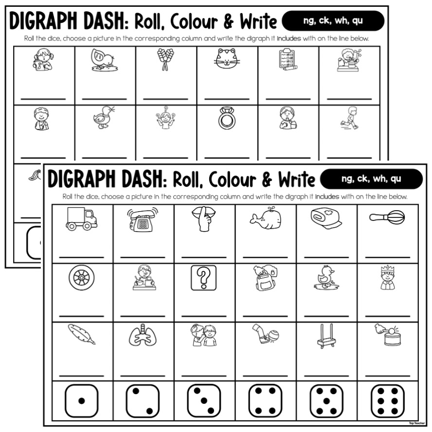 Digraph Dash Worksheets: ng, ck, wh, qu - Top Teacher
