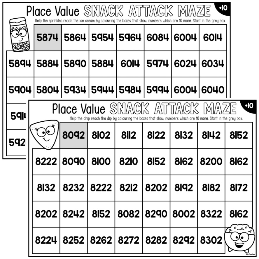 Place Value 10 More Snack Maze Worksheets: 4 Digit Numbers - Top Teacher