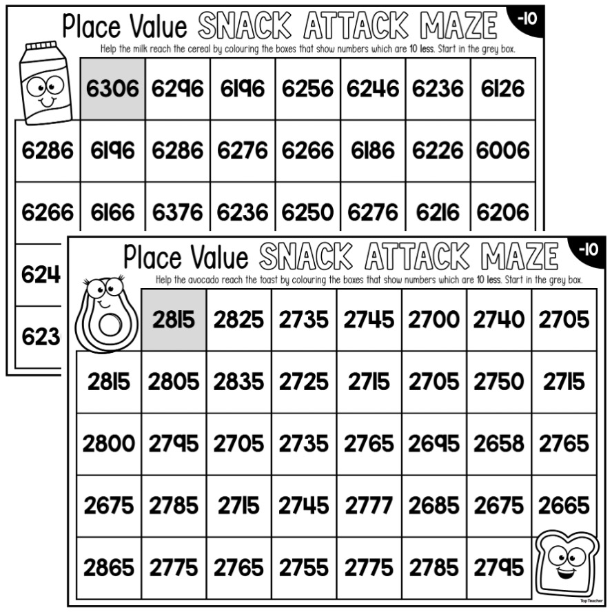 Place Value 10 Less Snack Maze Worksheets: 4 Digit Numbers - Top Teacher
