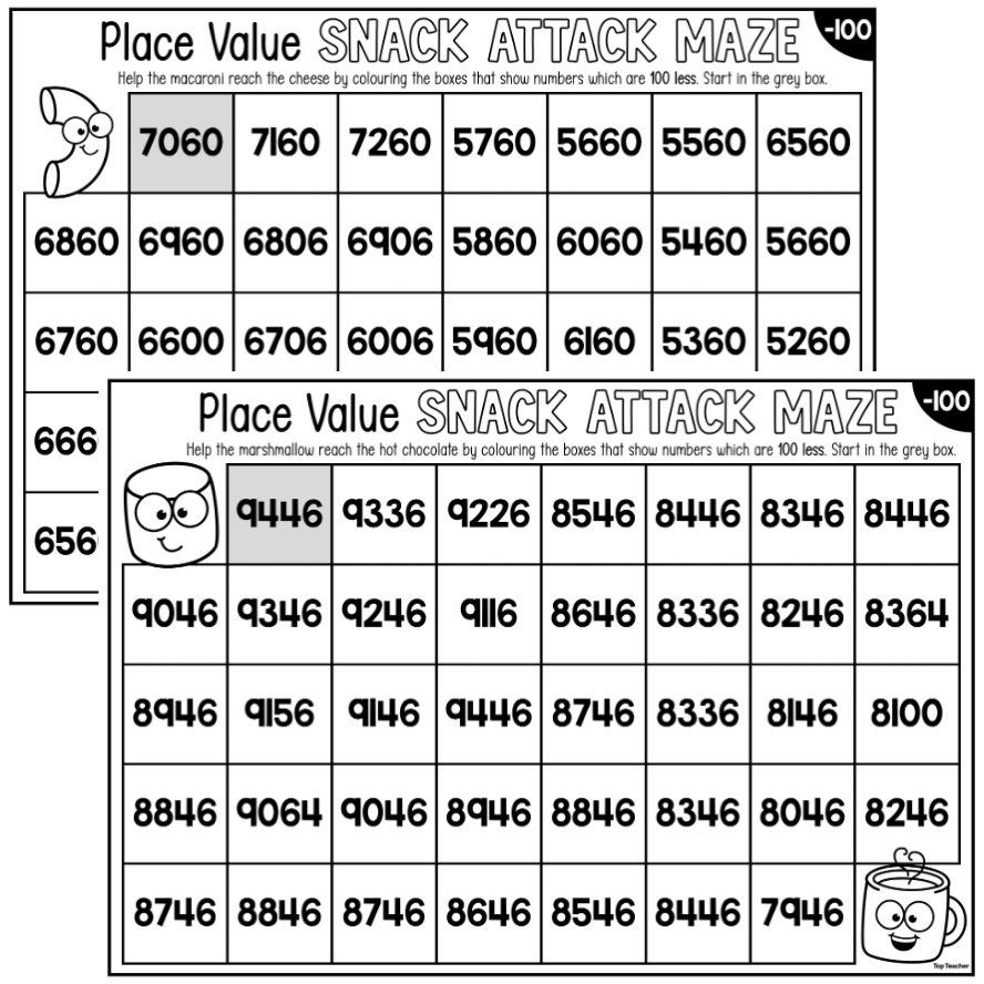Place Value 100 Less Snack Maze Worksheets: 4 Digit Numbers - Top Teacher