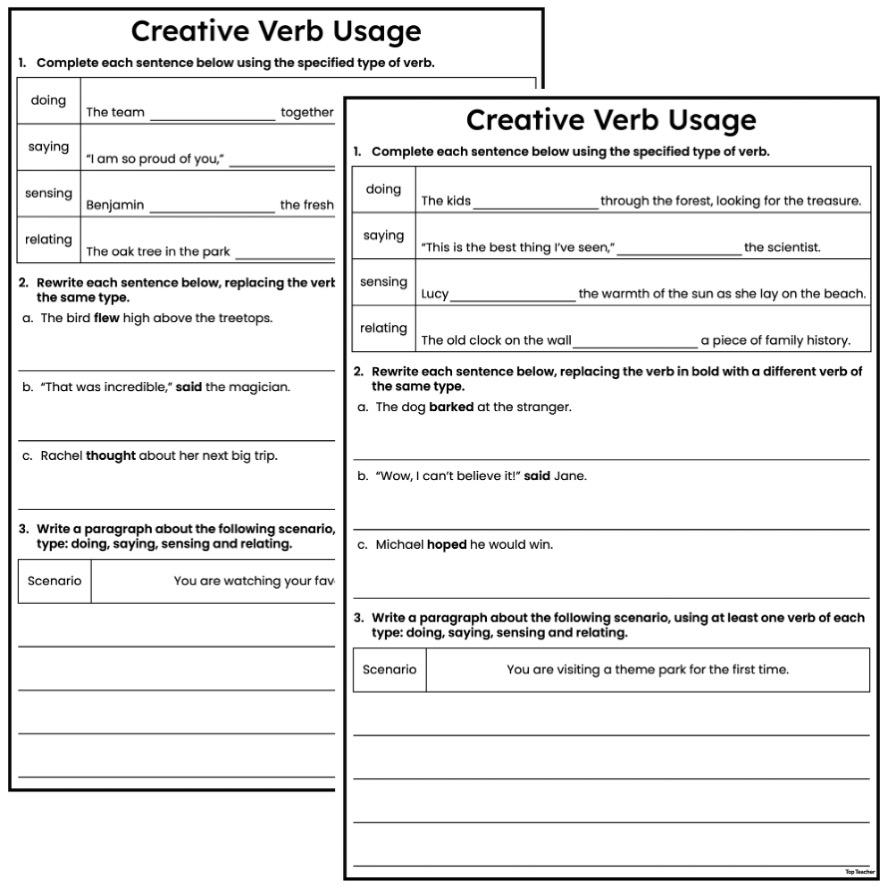 Creative Verb Usage Worksheets - Top Teacher