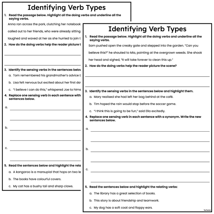 Identifying Verb Types Worksheets - Top Teacher