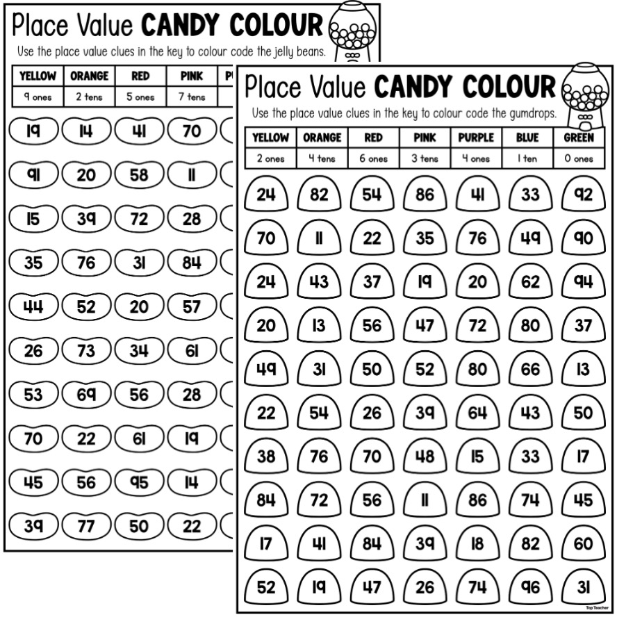 Place Value Candy Colour Worksheets: 2 Digits - Top Teacher