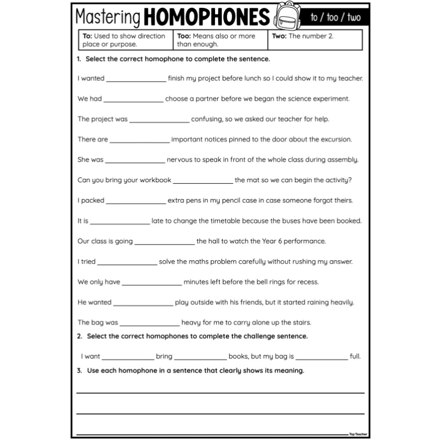 Mastering Homophones Worksheet: to, too, two - Top Teacher