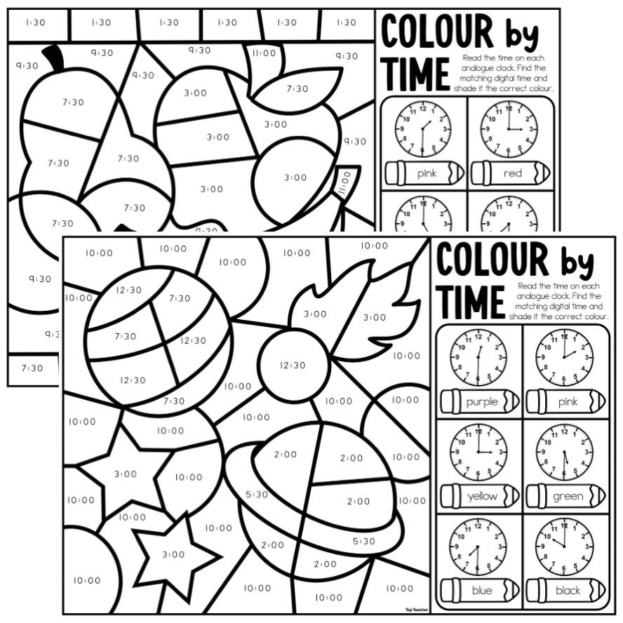Colour by Time: O’Clock & Half Past Worksheets - Top Teacher