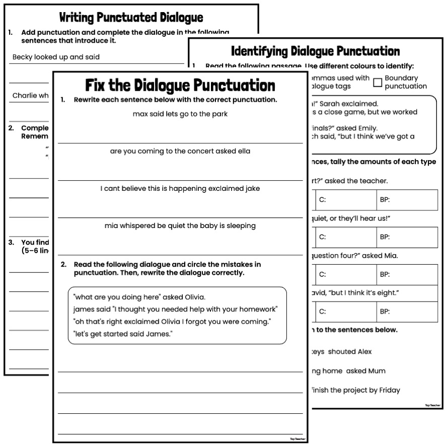 Year 4 Dialogue Punctuation Worksheet PACKAGE - Top Teacher