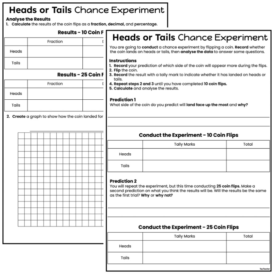 Heads or Tails Chance Experiment Worksheet - Top Teacher