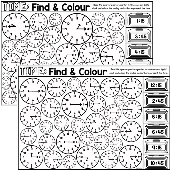 Time Find & Colour Worksheets: Quarter Past & Quarter To - Top Teacher