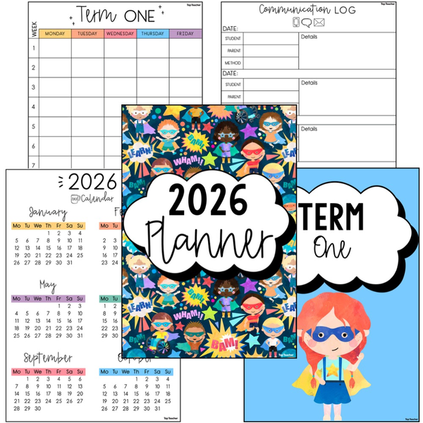 2026 Weekly Teacher Planner Hero Kids - Top Teacher