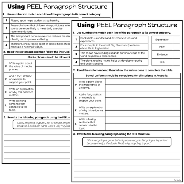 Paragraph Structure Worksheets: PEEL - Top Teacher