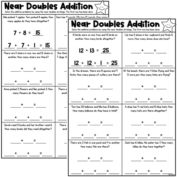 Addition Worksheets: Near Doubles Word Problems - Top Teacher