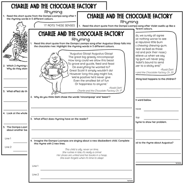 Charlie and the Chocolate Factory Rhyming Worksheets - Top Teacher