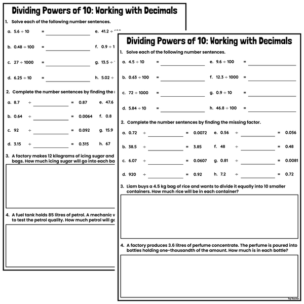 Working with Decimals: Dividing Powers of 10 Worksheet - Top Teacher