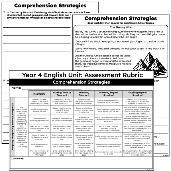 Comprehension Strategies Assessment Task and Rubric - Top Teacher