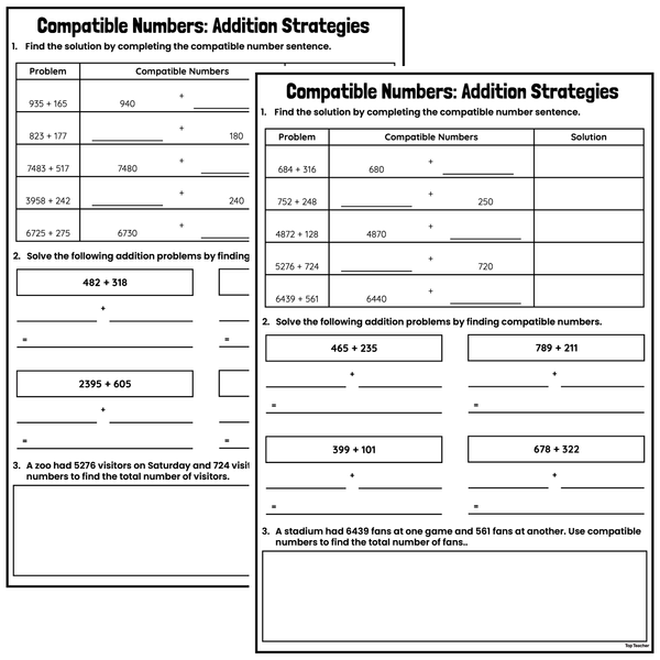 Compatible Numbers: Addition Strategies Worksheets - Top Teacher
