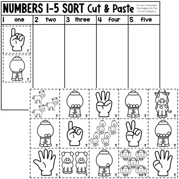 Numbers 1-5 Sort Cut & Paste Worksheet - Top Teacher