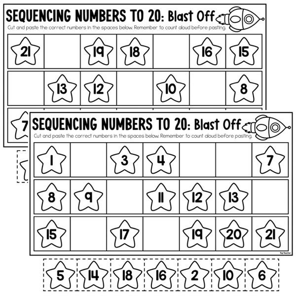 Sequencing Numbers to 20: Blast Off Cut & Paste Worksheets - Top Teacher
