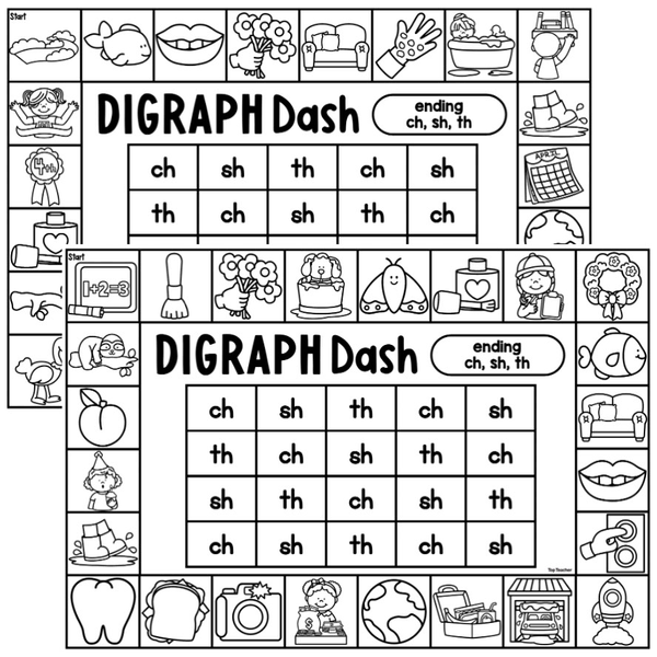 Digraph Dash Game: Ending ch, sh, th (Black & White) - Top Teacher