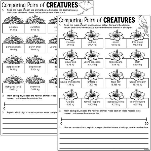 Comparing Decimal Values: Pairs of Creatures Worksheets - Top Teacher