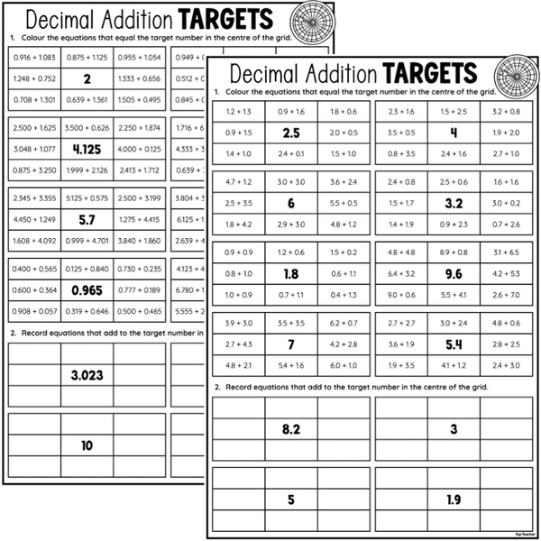 Decimal Addition Targets Worksheets - Top Teacher