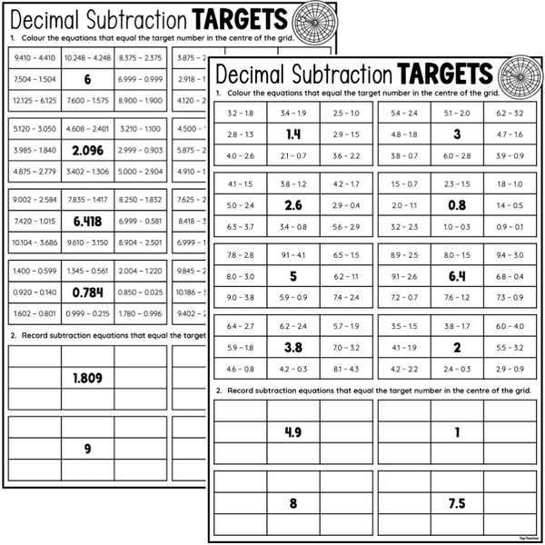 Decimal Addition Targets Worksheets - Top Teacher