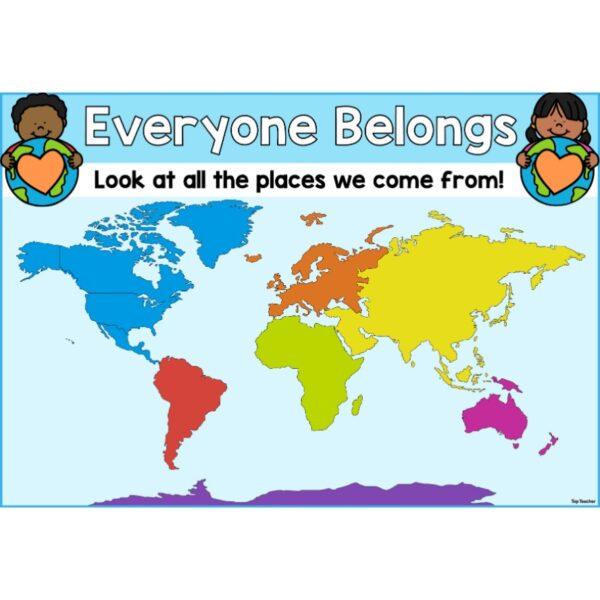 Everyone Belongs World Map Posters - Top Teacher