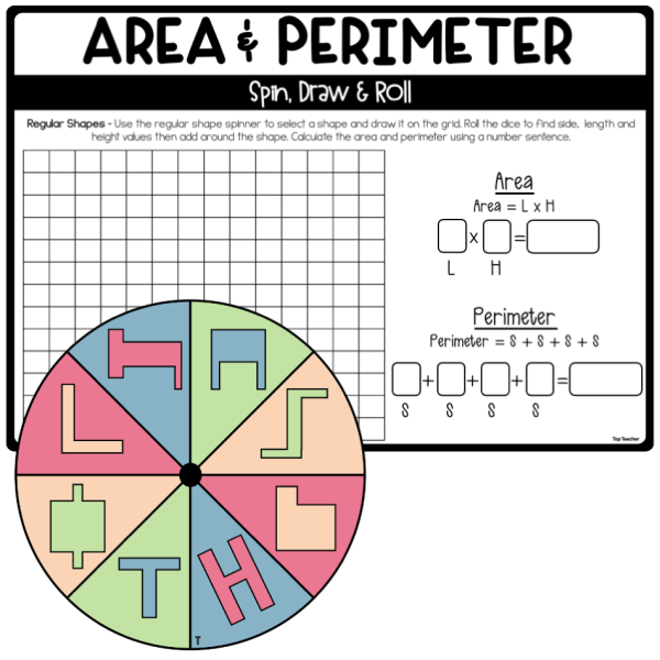 Area & Perimeter Spin, Draw & Roll Activity - Top Teacher