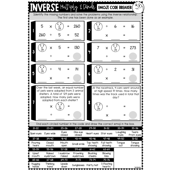 Inverse Two-Digit by One-Digit Multiplication Emoji Code Breaker ...
