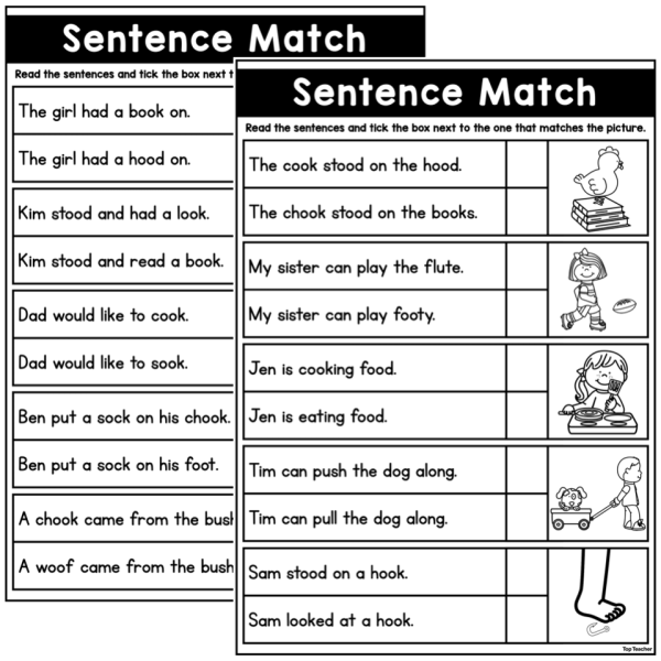 Decodable Sentence Match Worksheet: /oo/ (book) - Top Teacher